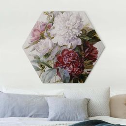 Bilderwelten Alu-Dibond Bild Hexagon Blumen weiss Landhaus - Pierre Joseph Redout&eacute; - Strau&szlig; von roten,lila und weissen Pfingstrosen - Deko Wohnzimmer Schlafzimmer