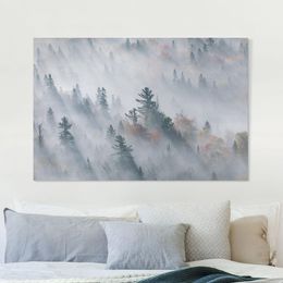 Bilderwelten Leinwandbild Wald modern Kunstdruck bunt - Herbstlicher Nebelwald - B&auml;ume XXL Wohnzimmer Schlafzimmer