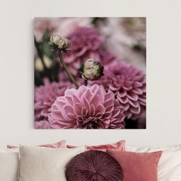 Bilderwelten Leinwandbild Landhaus Kunstdruck violett - Dahlienbouquet Nahaufnahme - Wandbild XXL Wohnzimmer Schlafzimmer