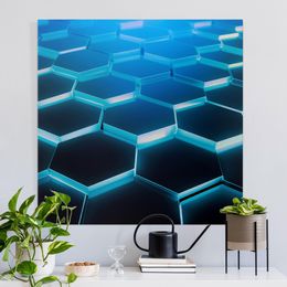 Bilderwelten Leinwandbild Hexagone mit Neonlicht in T&uuml;rkis