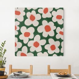 Bilderwelten Leinwandbild Blumen Pop Art Kunstdruck gr&uuml;n - Bl&uuml;mchenmuster Orange und Gr&uuml;n - Wandbild XXL Wohnzimmer Schlafzimmer