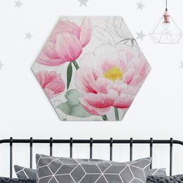 Bilderwelten Alu-Dibond Bild Hexagon Blumen rosa modern Aquarell - Zeichnung Rosa P&auml;onien I - Rose Wohnzimmer Schlafzimmer
