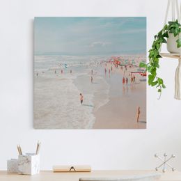 Bilderwelten Leinwandbild Strand Motiv Kunstdruck blau - Buntes Strandleben - Wandbild XXL Wohnzimmer Schlafzimmer
