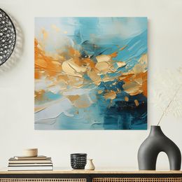 Bilderwelten Leinwandbild originell Abstrakt Kunstdruck gold - Impasto T&uuml;rkis und Ocker - Wandbild XXL Wohnzimmer Schlafzimmer