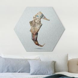 Bilderwelten Alu-Dibond Bild Hexagon Tiere t&uuml;rkis Fotomontage - Origami Seepferdchen - Deko Wohnzimmer Schlafzimmer