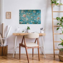 Bilderwelten Leinwandbild Blumen modern Kunstdruck petrol - Kirschbl&uuml;tenzweige auf Blau - Kirschbl&uuml;te XXL Wohnzimmer Schlafzimmer