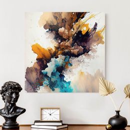 Bilderwelten Leinwandbild originell Abstrakt Kunstdruck braun - Farbexplosion T&uuml;rkis und Ocker - Wandbild XXL Wohnzimmer Schlafzimmer