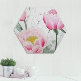 Bilderwelten Alu-Dibond Bild Hexagon Blumen rosa modern Aquarell - Zeichnung Rosa P&auml;onien II - Rose K&uuml;che