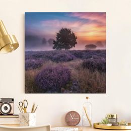 Bilderwelten Leinwandbild Natur Landhaus Kunstdruck violett - Bunter Sonnenaufgang im Lavendelfeld - Landschaft XXL Wohnzimmer Schlafzimmer