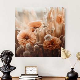 Bilderwelten Leinwandbild Blumen modern Kunstdruck orange - Herbstfeld Close-Up - Wandbild XXL Wohnzimmer Schlafzimmer