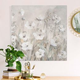 Bilderwelten Leinwandbild Blumen Abstrakt Kunstdruck beige - Wei&szlig;e sommerliche Blumen - Wandbild XXL Wohnzimmer Schlafzimmer
