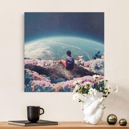 Bilderwelten Leinwandbild originell Fotomontage Kunstdruck bunt - Ausblick auf die Erde genie&szlig;en - Wandbild XXL Wohnzimmer Schlafzimmer