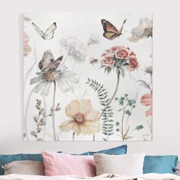 Bilderwelten Leinwandbild Aquarell Blumenwiese mit Schmetterlingen