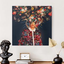 Bilderwelten Leinwandbild Blumen modern Kunstdruck bunt - Blumen Portr&auml;t - V&ouml;gel und Bluse - Wandbild XXL Wohnzimmer Schlafzimmer