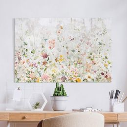 Bilderwelten Leinwandbild Blumen modern Steinoptik bunt - Aquarell Bl&uuml;ten auf wei&szlig;er Shabby Betonwand - Beton XXL Wohnzimmer Schlafzimmer