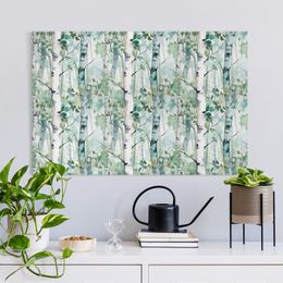 Bilderwelten Leinwandbild Wald Illustration Aquarell gr&uuml;n - Aquarell Birkenwald im Sommer - B&auml;ume XXL Wohnzimmer Schlafzimmer