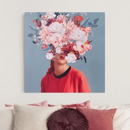 Bilderwelten Leinwandbild Blumen modern Kunstdruck rosa - Blumen Portr&auml;t - Rosa Dahlien mit Blau - Wandbild XXL Wohnzimmer Schlafzimmer