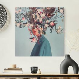 Bilderwelten Leinwandbild Blumen modern Kunstdruck blau - Blumen Portr&auml;t - Bl&uuml;ten in Rosa - Wandbild XXL Wohnzimmer Schlafzimmer