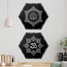 2-teiliges Hexagon-Alu-Dibond Bild Lotus OM Illustration Set Schwarz