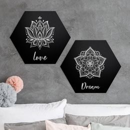 2-teiliges Hexagon-Alu-Dibond Bild Mandala Dream Love Set Schwarz