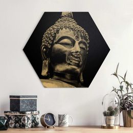 Bilderwelten Alu-Dibond Bild Hexagon Spirituell schwarz weiss Motiv - Buddha Statue Gesicht - Buddha Wohnzimmer Schlafzimmer