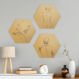 Bilderwelten 3-teiliges Hexagon-Alu-Dibond Bild Line Art Frauen Akt Schwarz Wei&szlig; Set