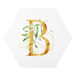 Bilderwelten Alu-Dibond Bild Hexagon Blumen gold modern Aquarell - Wunschbuchstabe Gold - Spr&uuml;che Wohnzimmer Schlafzimmer