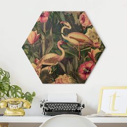 Hexagon-Alu-Dibond Bild Bunte Collage - Pinke Flamingos im Dschungel