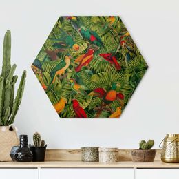Bilderwelten Alu-Dibond Bild Hexagon Tiere bunt Tropisch - Bunte Collage - Papageien im Dschungel - Pflanzen Wohnzimmer Schlafzimmer