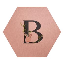 Bilderwelten Alu-Dibond Bild Hexagon Blumen schwarz weiss modern Aquarell - Wunschbuchstabe Aquarell Blumen - Spr&uuml;che Wohnzimmer Schlafzimmer