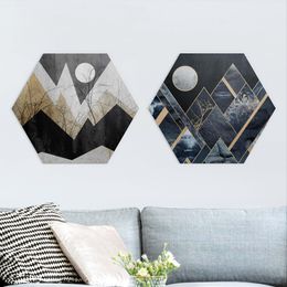 2-teiliges Hexagon-Alu-Dibond Bild Goldener Mond und geometrische Berge