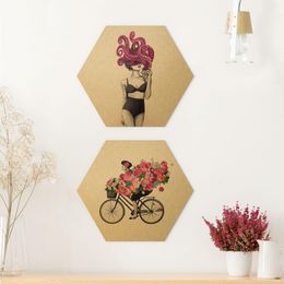 Bilderwelten 2-teiliges Hexagon-Alu-Dibond Bild Frauen Zeichnungen - Floraler Ozean