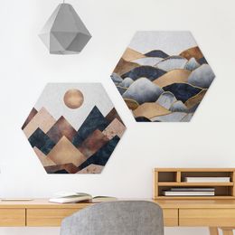 Bilderwelten Alu-Dibond Bild Hexagon originell gold modern Aquarell - Geometrische & Goldene Berge Aquarell - Deko Wohnzimmer Schlafzimmer