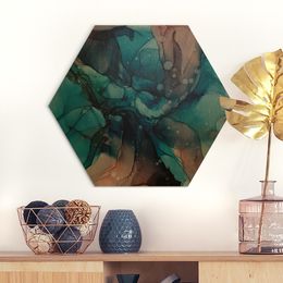 Bilderwelten Alu-Dibond Bild Hexagon originell petrol Abstrakt Aquarell - Unterwasser in Petrol und Rot mit Gold - Deko Wohnzimmer Schlafzimmer