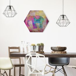 Hexagon-Alu-Dibond Bild Bunte Collage - Indischer Elefant