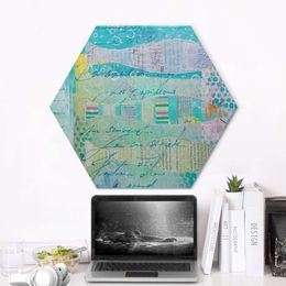 Bilderwelten Alu-Dibond Bild Hexagon Tiere t&uuml;rkis maritim - Bunte Collage - Fische und Punkte - Fische Wohnzimmer Schlafzimmer