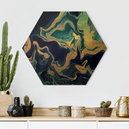 Bilderwelten Alu-Dibond Bild Hexagon blau Illustration Aquarell - Spiel der Farben Indigo Feuer - Deko Wohnzimmer Schlafzimmer