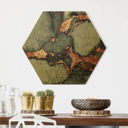 Bilderwelten Alu-Dibond Bild Hexagon gr&uuml;n Illustration Aquarell - Spiel der Farben Farngr&uuml;n und Gold - Deko Wohnzimmer Schlafzimmer