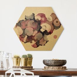 Bilderwelten Alu-Dibond Bild Hexagon originell rosa Abstrakt Aquarell - Pink-Beige Tropfen mit Ros&eacute;gold - Deko Wohnzimmer Schlafzimmer
