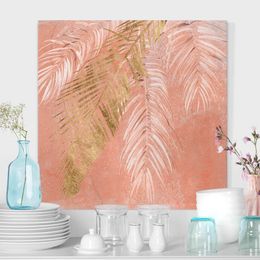 Bilderwelten Leinwandbild originell Tropisch Kunstdruck rosa - Palmenbl&auml;tter Rosa und Gold I - Wandbild XXL Wohnzimmer Schlafzimmer