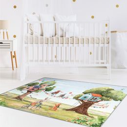 Bilderwelten Teppich Wilde Party zwischen Baumhäusern - Webteppich Gewebeteppich waschbar - Kinderzimmer Babyzimmer Mädchen Junge Spielteppich