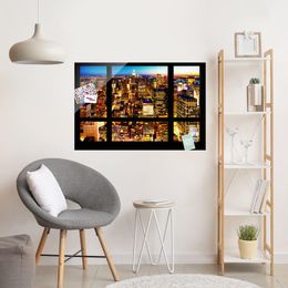 Bilderwelten Glasbild - Querformat Fensterblick New York bei Nacht