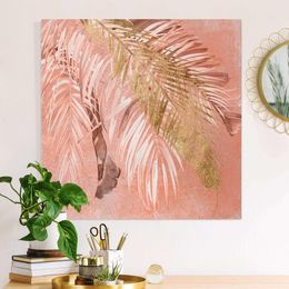 Bilderwelten Leinwandbild originell Tropisch Kunstdruck rosa - Palmenbl&auml;tter Rosa und Gold II - Wandbild XXL Wohnzimmer Schlafzimmer