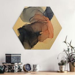 Bilderwelten Alu-Dibond Bild Hexagon originell blau Abstrakt Aquarell - Ozeantropfen Blau-Orange mit Gold - Deko Wohnzimmer Schlafzimmer
