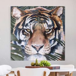 Bilderwelten Leinwandbild Tiere Tropisch Kunstdruck gr&uuml;n - Tiger im Dschungel - Pflanzen XXL Wohnzimmer Schlafzimmer