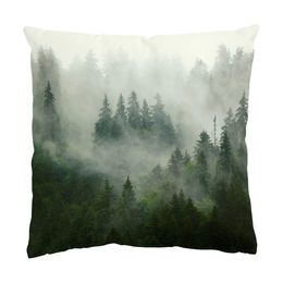 Bilderwelten Dekokissen Kissenbezug gr&uuml;n Wald Motiv - Tiefgr&uuml;ner Tannenwald im Nebel - B&auml;ume Sofakissen Bezug & F&uuml;llung in 40x40 50x50 60x60