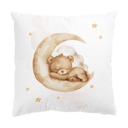 Bilderwelten Dekokissen Kissenbezug beige Tiere modern Aquarell - Tr&auml;umender Teddy im Mond - Himmel Kinderzimmer M&auml;dchen Jungen in 40x40 50x50 60x60