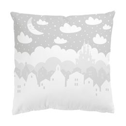 Bilderwelten Dekokissen grau Illustration - Sternenhimmel mit H&auml;usern und Mond in grau - Bett Couch Kinderzimmer M&auml;dchen Jungen in 40x40 50x50 60x60