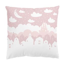 Bilderwelten Dekokissen Kissenbezug rosa Illustration - Sternenhimmel mit H&auml;usern und Mond in rosa - Bett Couch Kinderzimmer M&auml;dchen Jungen in 40x40 50x50 60x60