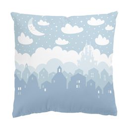Bilderwelten Dekokissen Kissenbezug blau Illustration - Sternenhimmel mit H&auml;usern und Mond in blau - Bett Couch Kinderzimmer M&auml;dchen Jungen in 40x40 50x50 60x60